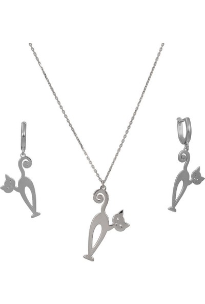 In Love Kedili Gümüş Kolye Küpe Set Inlove Gümüş Takı Seti