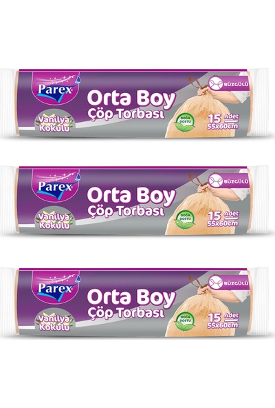 Parex Büzgülü Vanilya Kokulu Çöp Torbası Orta Boy 3'lü Paket