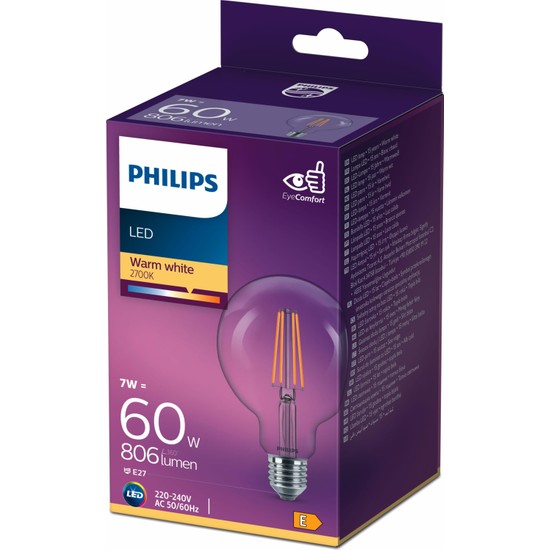 PHILIPS 60W FILAMENT GLOBE AMPUL G93 SARI IŞIK 2700K Fiyatı