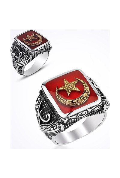 Mina Silver Ayyıldız Yan Vav Modeli Kırmızı Mineli Taşsız Gümüş Erkek Yüzük Ms11037 31 Mina Silver Ayyıldız Yan Vav Modeli Kırmızı Mineli Taşsız Gümüş Erkek Yüzük Ms11037 31