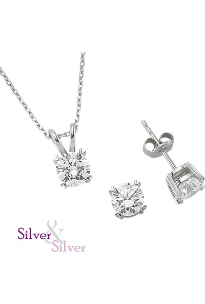 Silver & Silver 3 ct Zirkon Taşlı Tektaş Kolye, Küpe Set