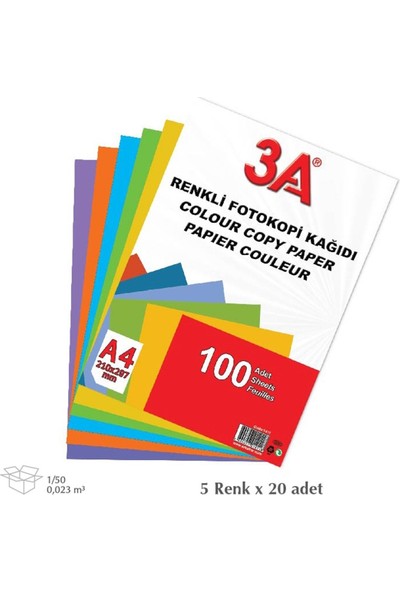 Tekreyonda 3A Renkli Fotokopi Kağıdı A4 Boyutunda 5 Renk 100 Adet Kağıt Tekreyonda 3A Renkli Fotokopi Kağıdı A4 Boyutunda 5 Renk 100 Adet Kağıt