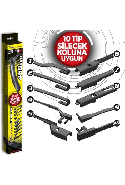 VETTE PLUS Multifit 550mm Silecek 10 Kola Uygun Aparatlı VETTE PLUS Multifit 550mm Silecek 10 Kola Uygun Aparatlı