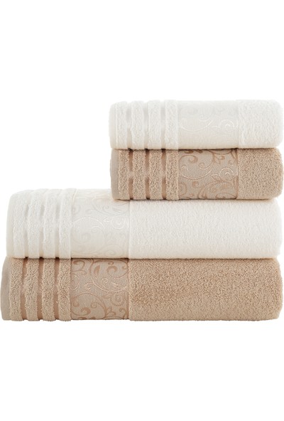 Nurpak Deren 4'lü Banyo Havlu Takımı 90 x 150 cm - 50 x 90 cm Kahve - Krem
