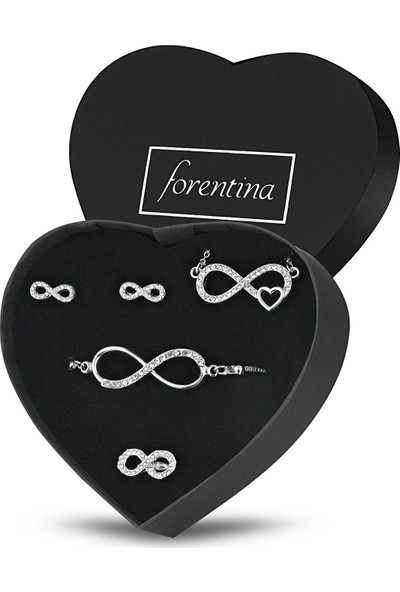 Forentina Gümüş Kaplama Sonsuzluk Kolye Küpe Yüzük Bileklik Set