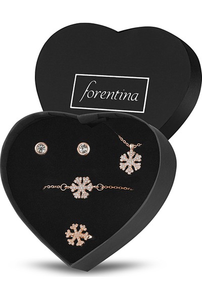 Forentina Rose Kar Tanesi Kolye Bileklik Yüzük Küpe Set