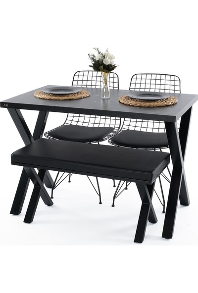 Mars Mobilya Woody Siyah Metal Ayaklı Mutfak Masa ve Bench Takımı