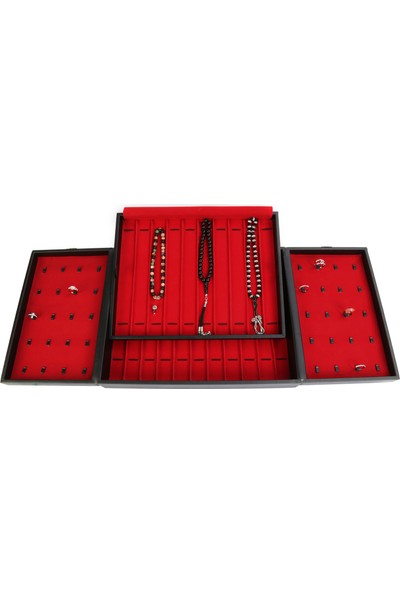 Standmarket Tesbih ve Yüzük Çantası 2 Katlı ve Kanatlı Siyah içi Kırmızı