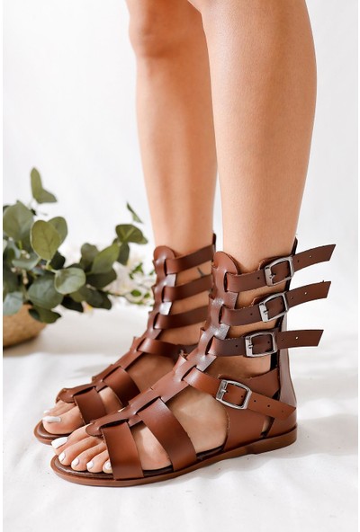 Limoya Miranda Taba Hakiki Deri Gladyatör Sandalet (Fermuarlı)