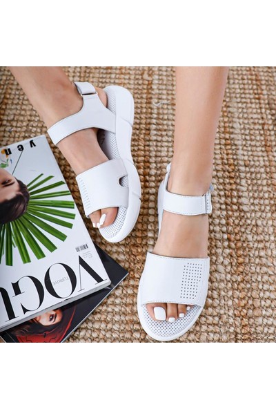 Limoya Rosemary Beyaz Hakiki Deri Casual Full Sandalet
