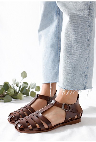 Limoya Tori Kahve Hakiki Deri Dört Bantlı Ayarlanabilir Düz Sandalet