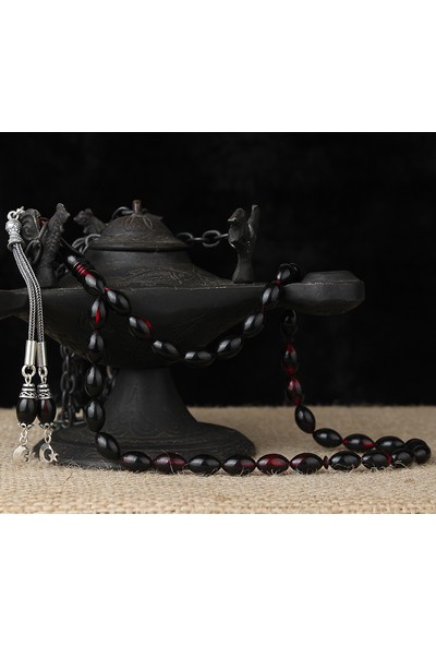 Tesbih Sepetim Gümüş Ayyıldız Püsküllü Kırmızı Siyah Sıkma Kehribar Tesbih