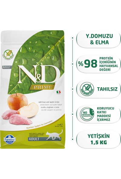 N & D Tahılsız Domuz Etli Ve Elmalı Yetişkin Kedi Maması 1,5 Kg