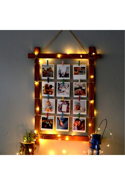 Jut LED Işıklı Ipli Mandallı Ahşap Fotoğraf Çerçevesi