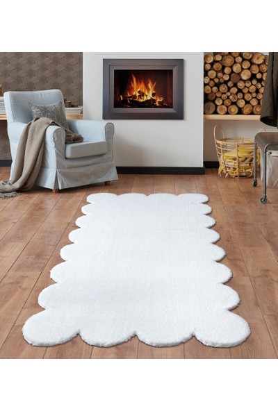 Balat Halı Lazer Kesim Peluş Uzun Tüylü Yolluk Halı Beyaz