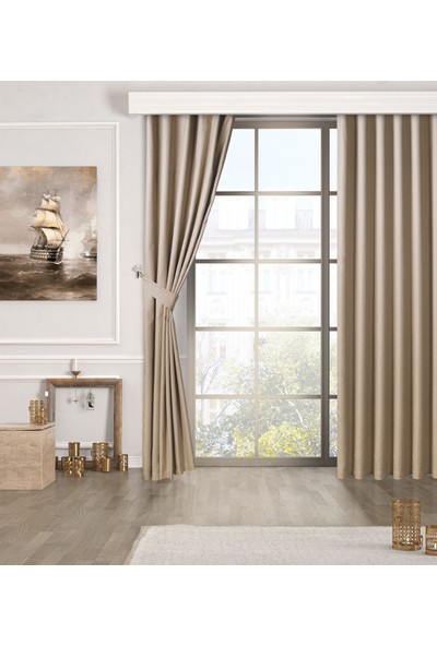Belnido Home Bej Blackout Karartma Güneşlik Hazır Keten Fon Perde 140x270 Çift Kanat