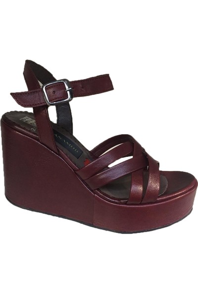 Elegan Bordo Deri Kafes Bantlı Dolgu Topuk Rahat Ayakkabı Elegan Bordo Deri Kafes Bantlı Dolgu Topuk Rahat Ayakkabı