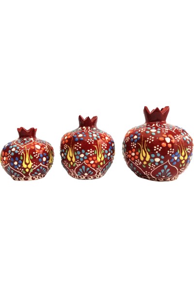 Çetin Çini El Işi 3'lü Çini Kabartma Kırmızı Nar Takımı