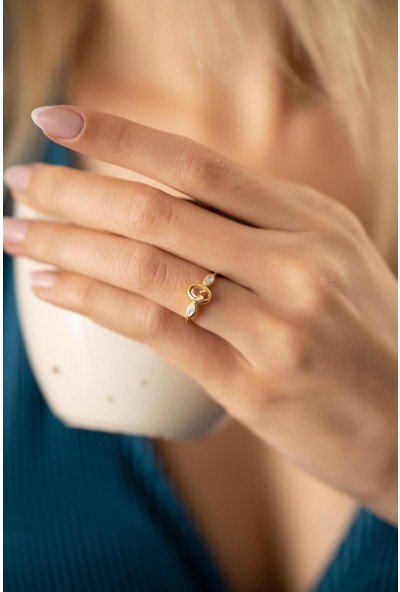 Ninova Silver Oval Model Sitrin Taşlı Altın Kaplama Gümüş Italyan Yüzük