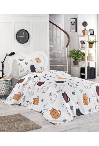 Eponj Home Baskılı Pike Takımı Tek Kişilik Hellocats Beyaz