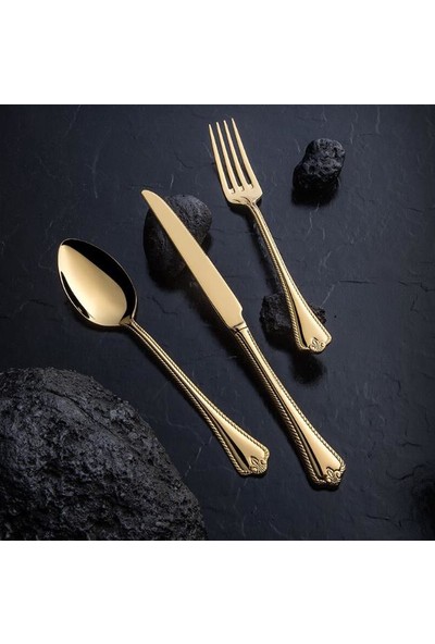 Nehir Fulya Full Altın Parlak 89 Parça Deri Kutulu Çatal Bıçak Set