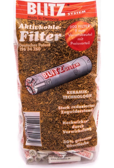 Blitz 9mm Kömürlü Pipo Filtresi (200 Adet) Blitz 9mm Kömürlü Pipo Filtresi (200 Adet)