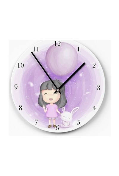 Zarif Dekoratif Çocuk Odası Duvar Saati Minik Kız ve Tavşan Temalı 30x30cm D0143