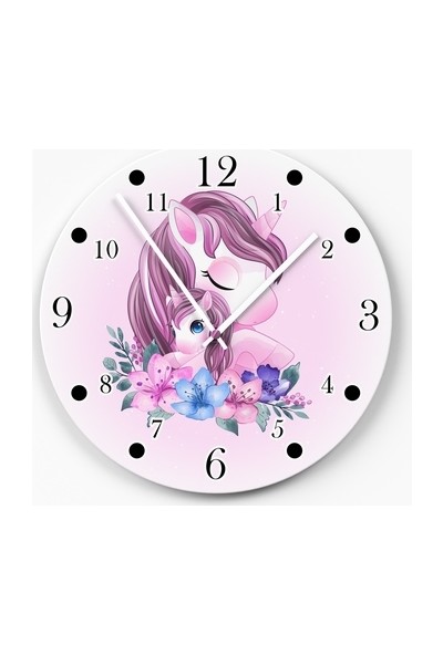 Zarif Dekoratif Çocuk Odası Duvar Saati Anne-Yavru Unicorn1 Temalı 30x30cm D041