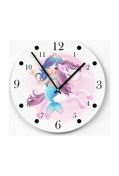 Zarif Dekoratif Çocuk Odası Duvar Saati Unicorn ve Deniz Kızı Temalı 30x30cm D0167
