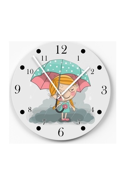 Zarif Dekoratif Çocuk Odası Duvar Saati Şemsiyeli Kız Temalı 30x30cm D0190