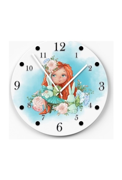 Zarif Dekoratif Çocuk Odası Duvar Saati Tavşan ve Kızıl Saçlı Kız Temalı D013