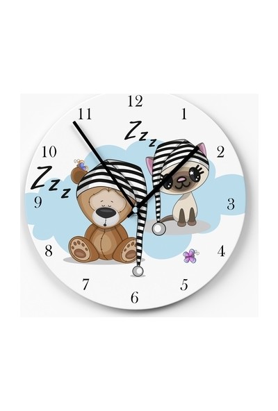 Zarif Dekoratif Çocuk Odası Duvar Saati Uykucu Hayvanlar Temalı 30x30cm D071