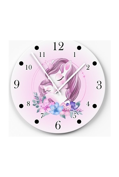 Zarif Dekoratif Çocuk Odası Duvar Saati Anne-Yavru Unicorn2 Temalı 30x30cm D042