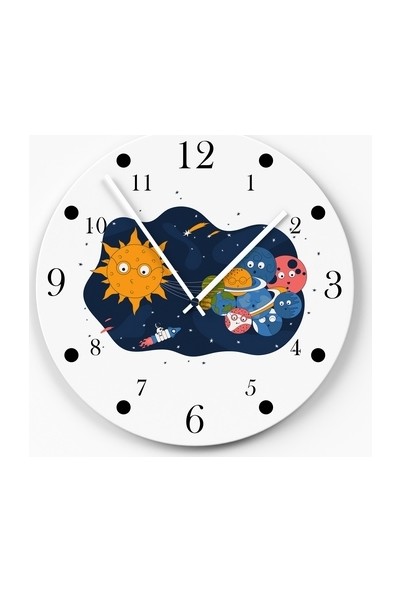 Zarif Dekoratif Çocuk Odası Duvar Saati Güneş-Gezegen Temalı 30x30cm D044