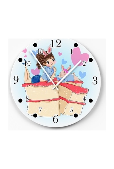 Zarif Dekoratif Çocuk Odası Duvar Saati Tavşan-Pasta-Kız Temalı 30x30cm D039
