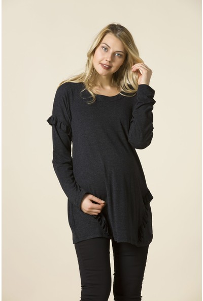 Gör&sin Yan ve Kol Fırfır Detaylı Hamile Tunik Siyah 44
