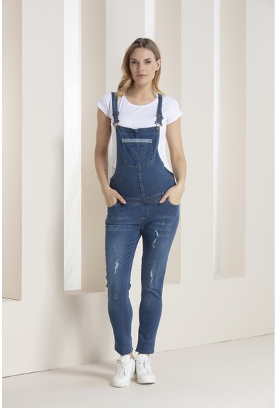 Gör&sin Cep Detaylı Yırtıklı Hamile Salopet Mavi 48