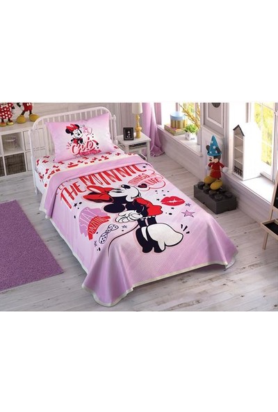 Taç Tek Kişilik Pike Takımı Minnie Mouse Pink Heart