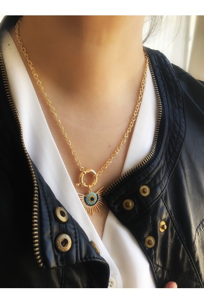 Aycha Aksesuar Gold Zirkon Taşlı Nazar Boncuklu Kolye