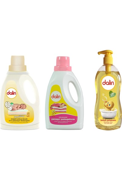 Dalin Sabun Bazlı Sıvı Deterjan 1500 ml + Düş Bahçesi Yumuşatıcı 1500 ml + Bebek Şampuan 900 ml Dalin Sabun Bazlı Sıvı Deterjan 1500 ml + Düş Bahçesi Yumuşatıcı 1500 ml + Bebek Şampuan 900 ml