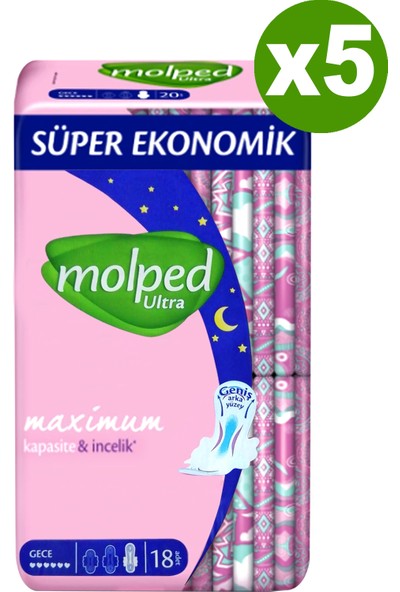 Molped Ultra Gece Hijyenik Ped Süper Ekonomik 18'li x 5 Adet Molped Ultra Gece Hijyenik Ped Süper Ekonomik 18'li x 5 Adet