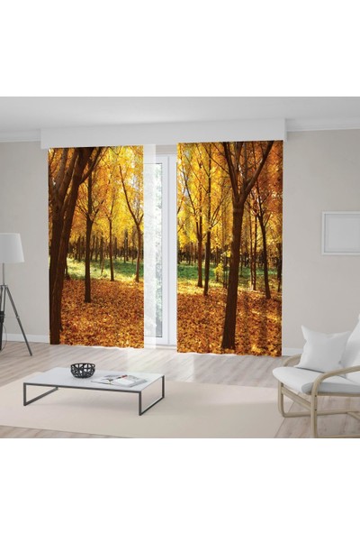 Henge Sonbahar Mevsimi Yaprak Ağaç Desenli Fon Perde 300 x 160 cm
