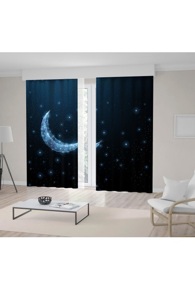Henge Hilal Ay Yıldız Desenli Mavi Fon Perde 300 x 160 cm
