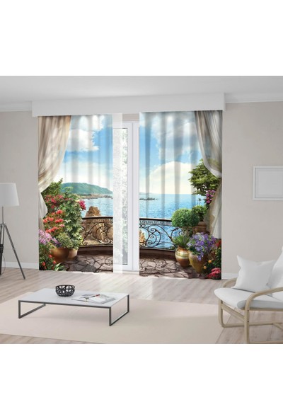 Henge Mavi Deniz Manzaralı Çiçekli Balkon Fon Perde 300 x 160 cm Henge Mavi Deniz Manzaralı Çiçekli Balkon Fon Perde 300 x 160 cm