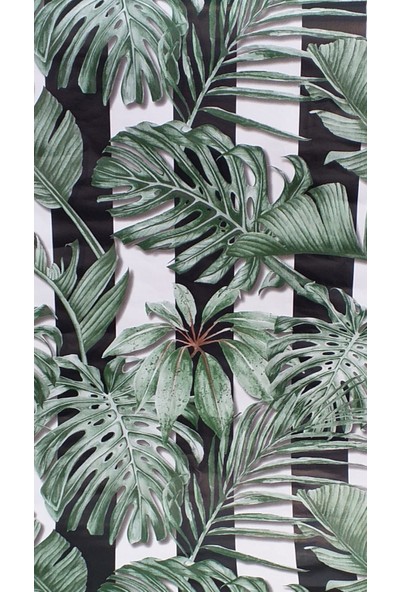 Wall 212 Siyah Beyaz Çizgili Tropik Desenli Duvar Kağıdı
