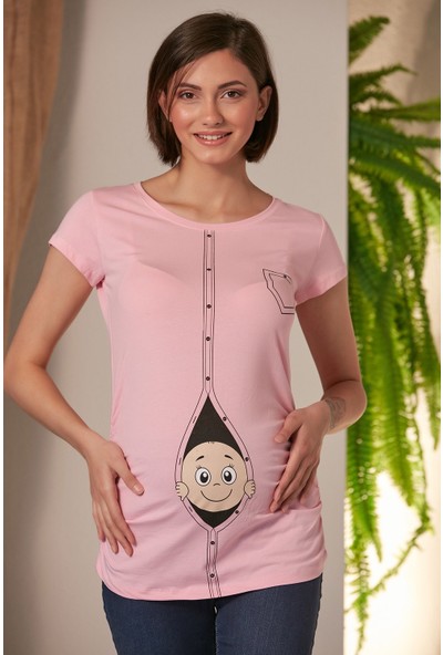 Gör&sin Hamile Hırkadan Çıkan Bebek Baskılı Kısa Kol Pembe Hamile Tişört