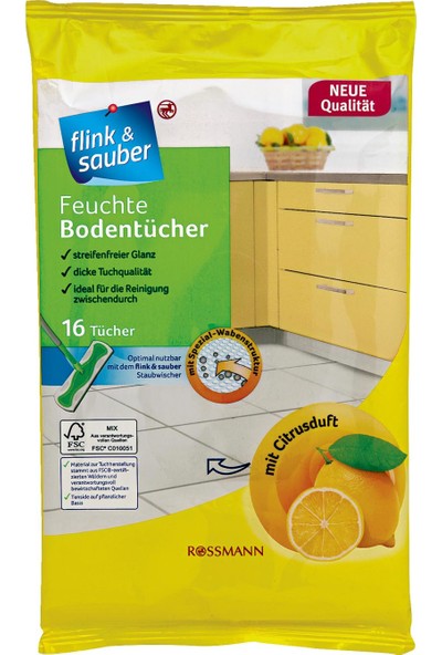 Flink & Sauber Yer Bezı Islak 16'lı Narenciye Kokulu Flink & Sauber Yer Bezı Islak 16'lı Narenciye Kokulu