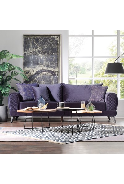 Enza Home MARLENA 3'lü Yataklı Koltuk Lacivert-Kadife Kumaş