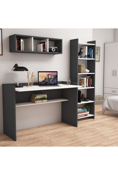 Bimossa Hürrem Kitaplık ve Raflı Çalışma Masası Antrasit Beyaz