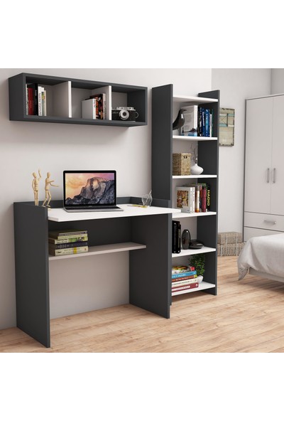Bimossa Mahidevran Kitaplık ve Raflı Çalışma Masası Antrasit Beyaz